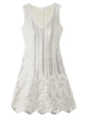 Rabanne Scalloped Edge Crochet Knitted Mini Dress - Silver