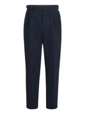 Brunello Cucinelli Cotton Chevron Trousers With Double Pleats And Waist Tabs - Navy Blue