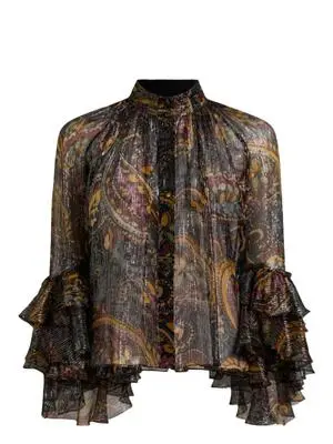 Etro Silk Shirt With Ruffle And Paisley Motif - Black