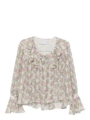 Raquel Diniz Floral Print Ruffled Neckline Long Sleeve Top - White