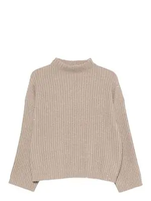 Brunello Cucinelli High-neck Long-sleeve Knitwear With Ribbed Details - Nude