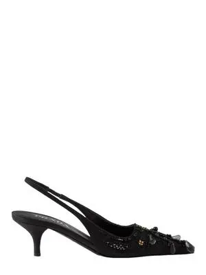 Prada Embroidered Satin Slingback Pumps - Black