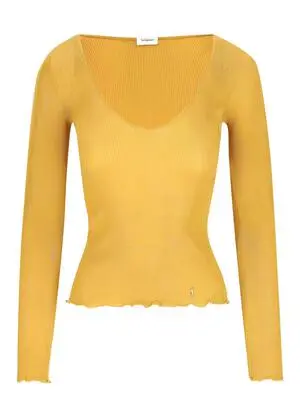 Saint Laurent Ribbed Long Sleeve Top With Logo Plaque - Yellow