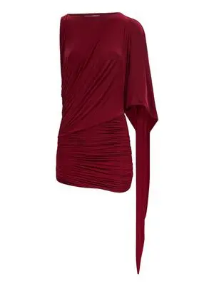 Alex Perry One-shoulder Draped Mini Dress With Bell Sleeves - Burgundy