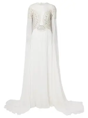 GEORGES HOBEIKA Embellished Georgette Gown With Tulle Trim - White