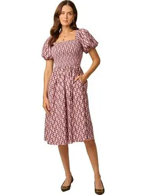 Adrianna Papell Puff Sleeve Printed Midi Dress - Blush Brown Multi