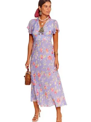 Rixo Florida Waterblossom Provence V-neck Midi Dress - Blue