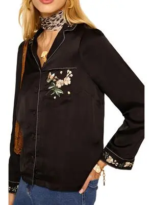 Rixo Mollie Embroidered Blossom Shirt - Black