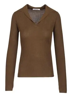 Max Mara Max Mara Silk And Cashmere Blend Ribbed Knit Polo Top Green