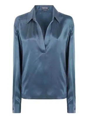 TOM FORD Silk Satin Polo With Embroidered Logo - Blue