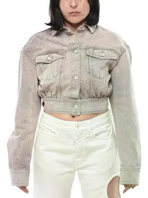 Off-White Rhinestone Embellished Cropped Denim Jacket - Neutrals