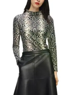 Karl Lagerfeld Snake Print Mock Neck Long Sleeve Top - Black