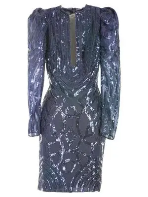 GEMY MAALOUF Sequin Embellished V-neck Puff Shoulder Dress - Blue