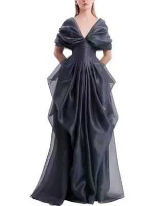 GEMY MAALOUF Draped V-neck Gown With Off-the-shoulder Sleeves - Grey