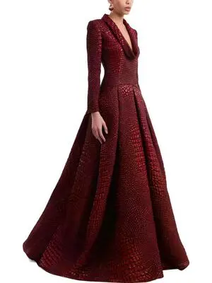 GEMY MAALOUF Croc-effect V-neck Gown - Red