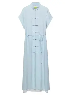 Shanghai Tang Frog-button Belted Shirt Dress - Blue