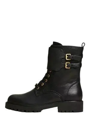 TWINSET Leather Combat Boots With Buckled Straps - Black