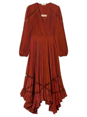 TWINSET Long Pleated Georgette Dress With Plumetis Tulle Inserts - Red
