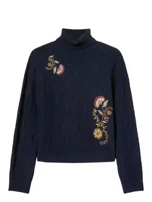 TWINSET Turtleneck Wool Jumper With Floral Embroidery - Blue