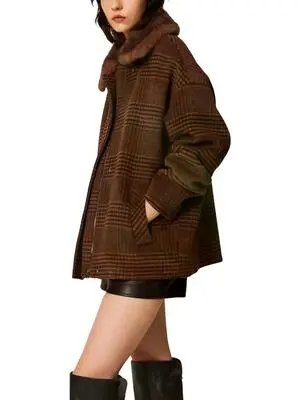 TWINSET TWINSET Wool Cloth Check Caban Coat With Faux Fur Collar Brown