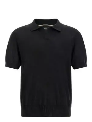 BOSS Merino Wool Knit Polo With Johnny Collar - Black