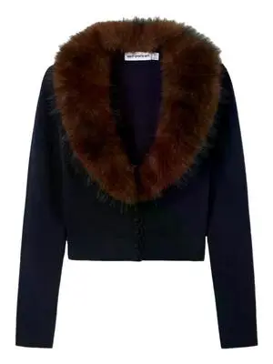 SELF-PORTRAIT Navy Faux-fur Trimmed Knit Cardigan - Blue