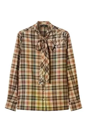 TWINSET Tartan Flannel Shirt With Pussy-bow Collar And Sequin Embellishment - Brown