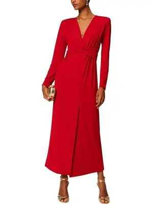 TWINSET Long Sleeve Draped Maxi Dress With Slit - Red