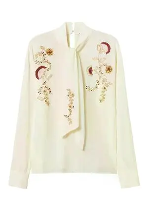 TWINSET Crêpe De Chine Blouse With Floral Embroidery And Pussy Bow - Neutrals