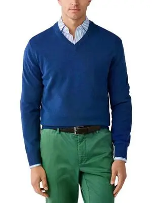 HACKETT LONDON V-neck Knit With Suede Elbow Patches - Blue