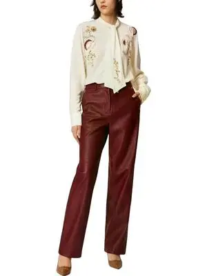 TWINSET Wide Textured Faux Leather Trousers - Red