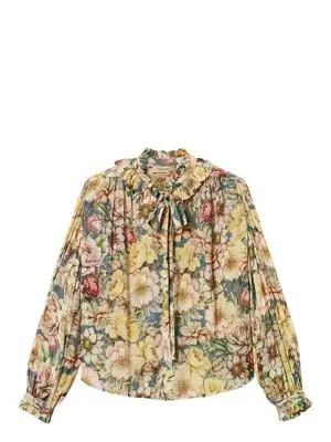 TWINSET Floral Creponne Shirt With Pussy-bow Neckline And Ruffled Details - Blue