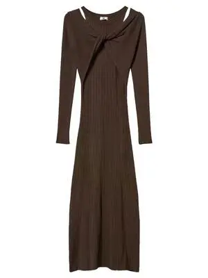 TWINSET TWINSET Ribbed Knit Long Sleeve Maxi Dress With Front Knot Detail