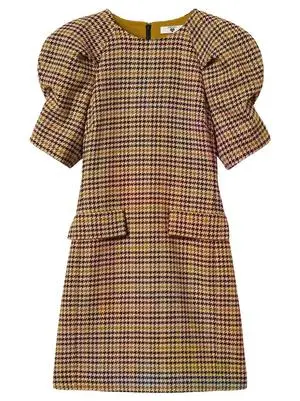 TWINSET Houndstooth Jacquard Puff Sleeve Dress - Brown