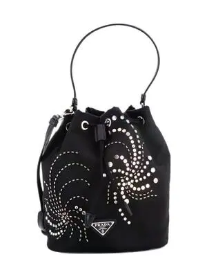 Prada Top Handle Bead Embellished Re-nylon Mini Bucket Bag - Black