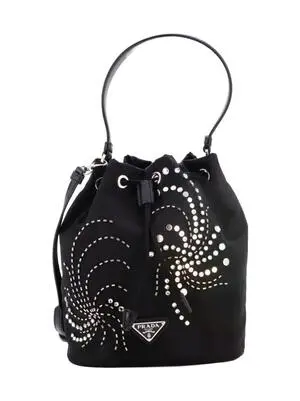 Prada Top Handle Bead Embellished Re-nylon Mini Bucket Bag - Black