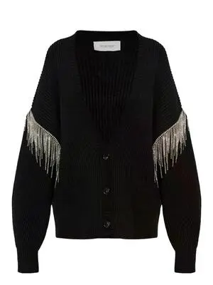 Sportmax Crystal Fringe Ribbed Knit Cardigan - Black
