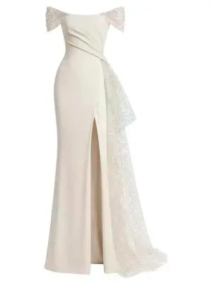 GEMY MAALOUF Off-the-shoulder Draped Sequin Tulle Maxi Dress - Neutrals