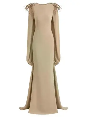 GEMY MAALOUF Feather-beaded Cape Dress - Neutrals