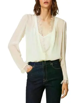 TWINSET Georgette Blouse With Lace Trim - Neutrals