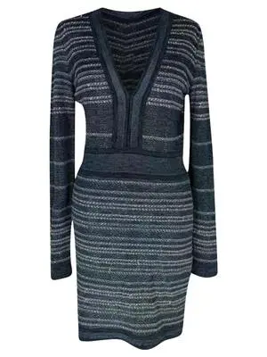 Balmain V-neck Striped Knit Dress - Blue