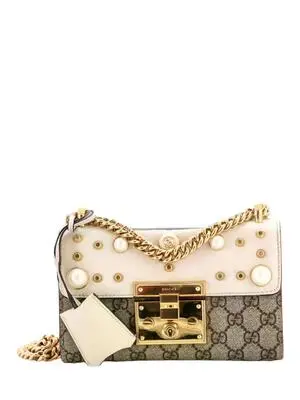 Gucci Pearly Padlock Shoulder Bag Gg Coated Canvas With Studded Leather Small Crossbody Bag - Neutrals