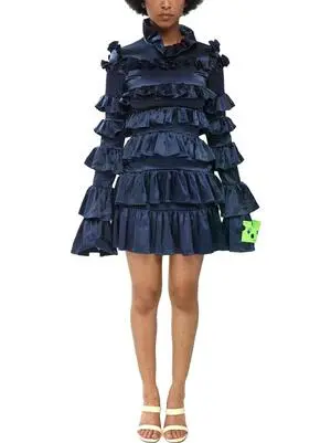 Off-White Ruffled Satin Mini Dress - Blue