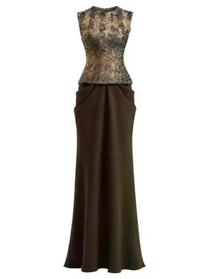GEMY MAALOUF Textured Bodice Draped Maxi Dress - Brown