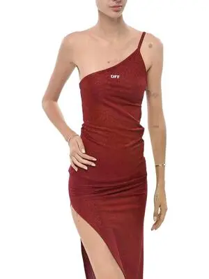 Off-White One-shoulder Logo Print Midi Dress - Red