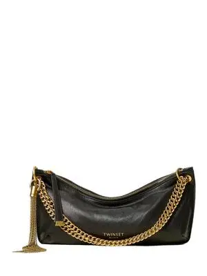 TWINSET Smooth Natural Calfskin Leather Shoulder Bag With Tassel Detail - Black
