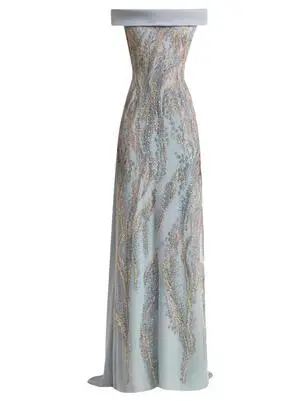 GEMY MAALOUF Embellished Off-the-shoulder Cape Detail Maxi Dress - Grey