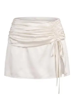 CLERESTORY Juliette Ruched Satin Drawstring Mini Skirt - White