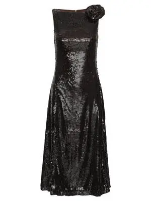 ROTATE BY BIRGER CHRISTENSEN Sequin Midi Flared Dress With Decorative Flower Appliqu - Marrone