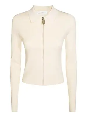 Victoria Beckham Ribbed Knit Zip Polo Top - Beige